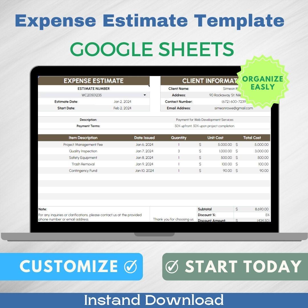 Expense Estimate Template, Editable Google Sheets, Digital Download ...