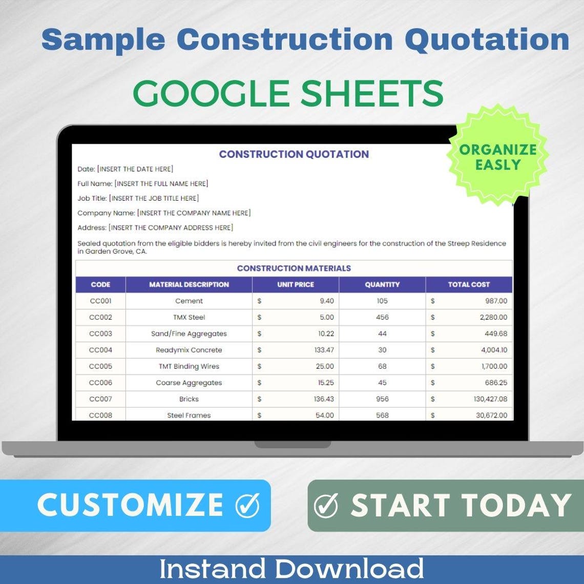 Sample Construction Quotation Templates Editable Google Sheets for ...