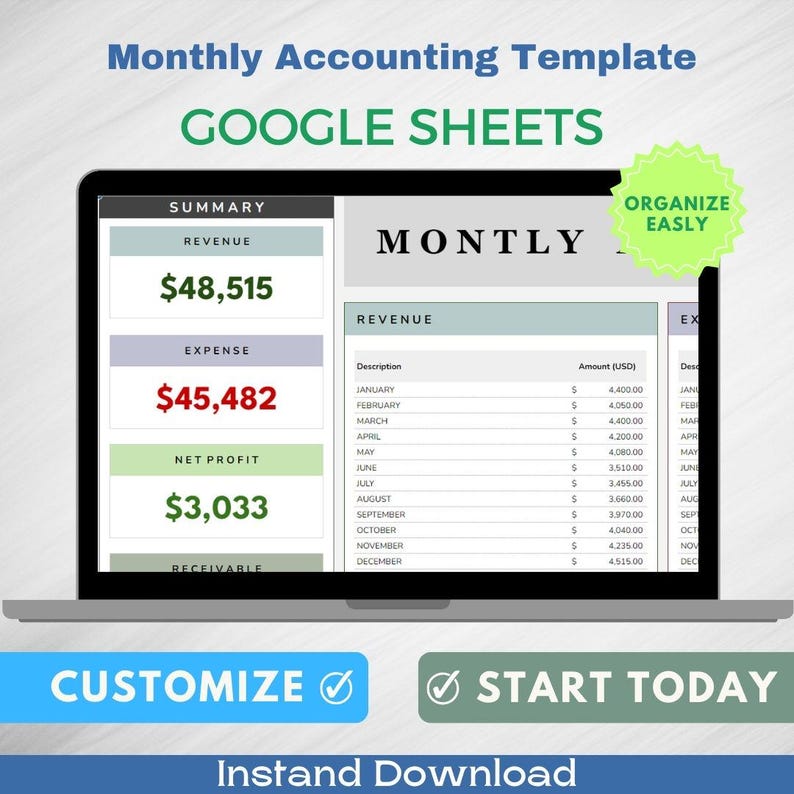 Monthly Accounting Template Editable Google Sheets for Easy Financial ...