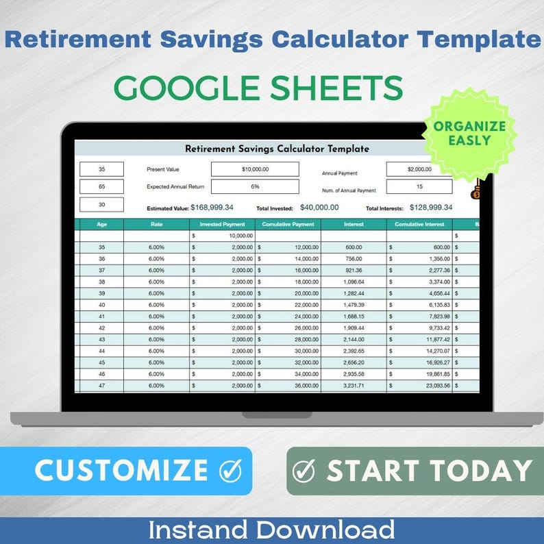 Retirement Savings Calculator Template, Editable Google Sheets, Digital ...