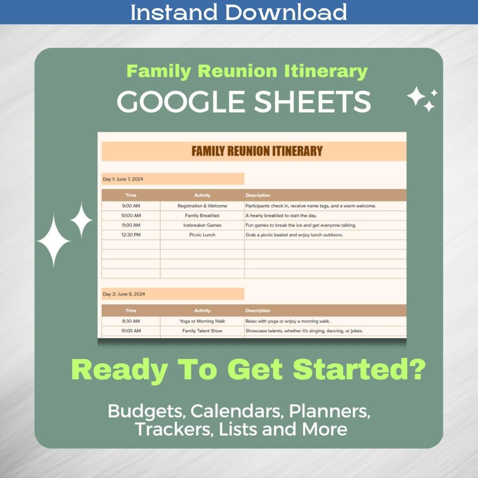 Family Reunion Itinerary Template, Editable Google Sheets, Easy to Use ...