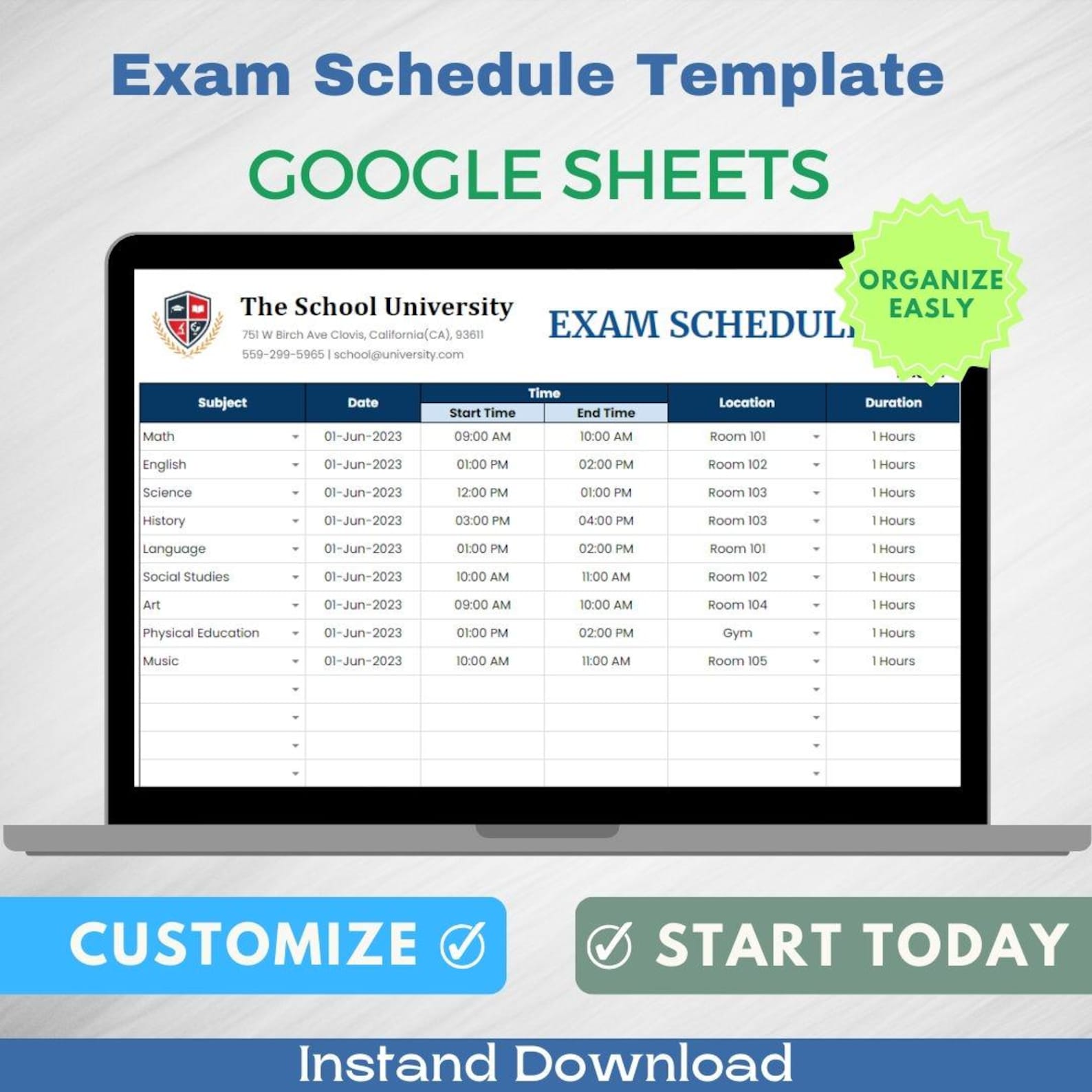Exam Schedule Template, Editable Google Sheets, Digital Download, Easy ...