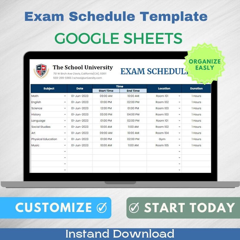 Exam Schedule Template, Editable Google Sheets, Digital Download, Easy ...