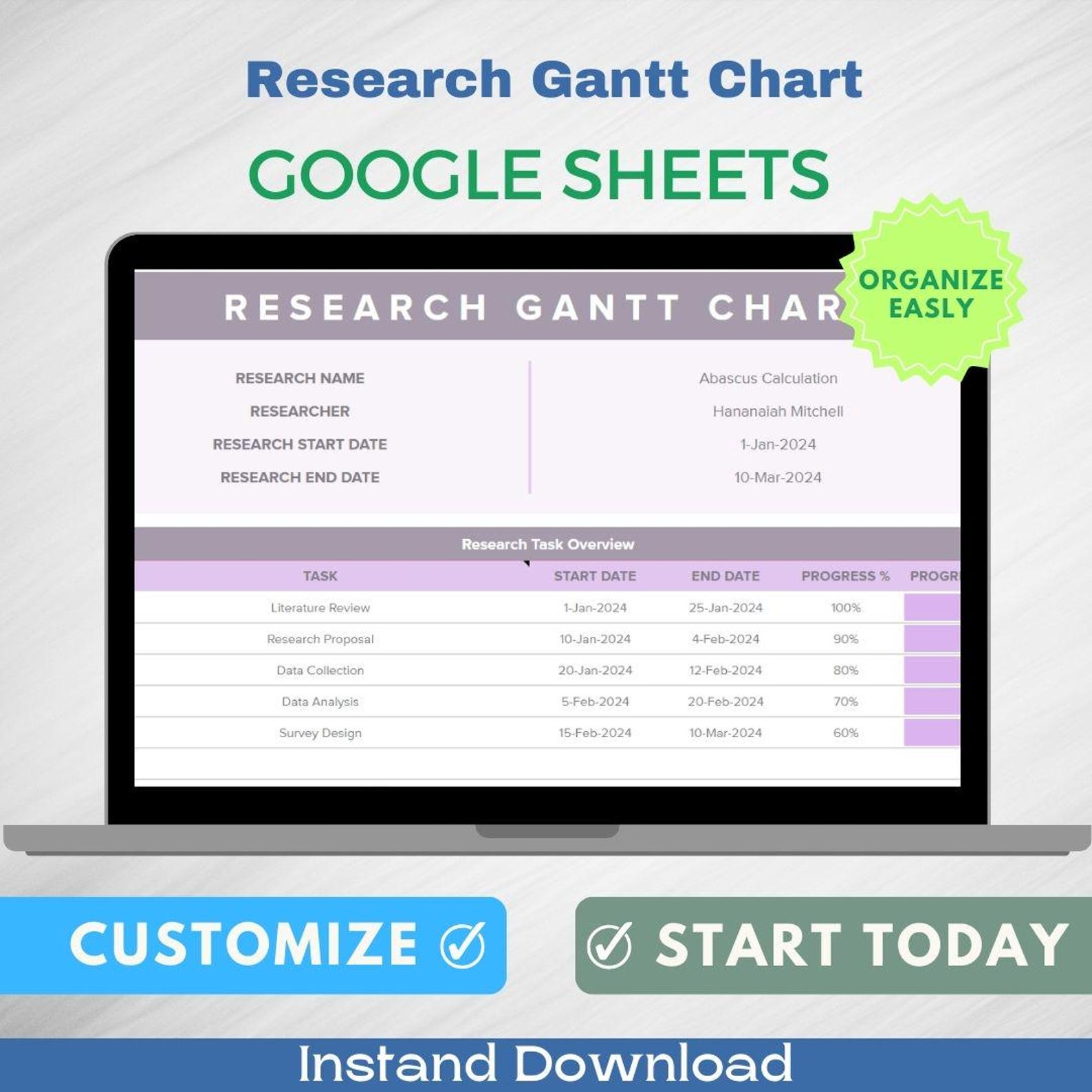 Research Gantt Chart Template - Editable Google Sheets for Academic ...