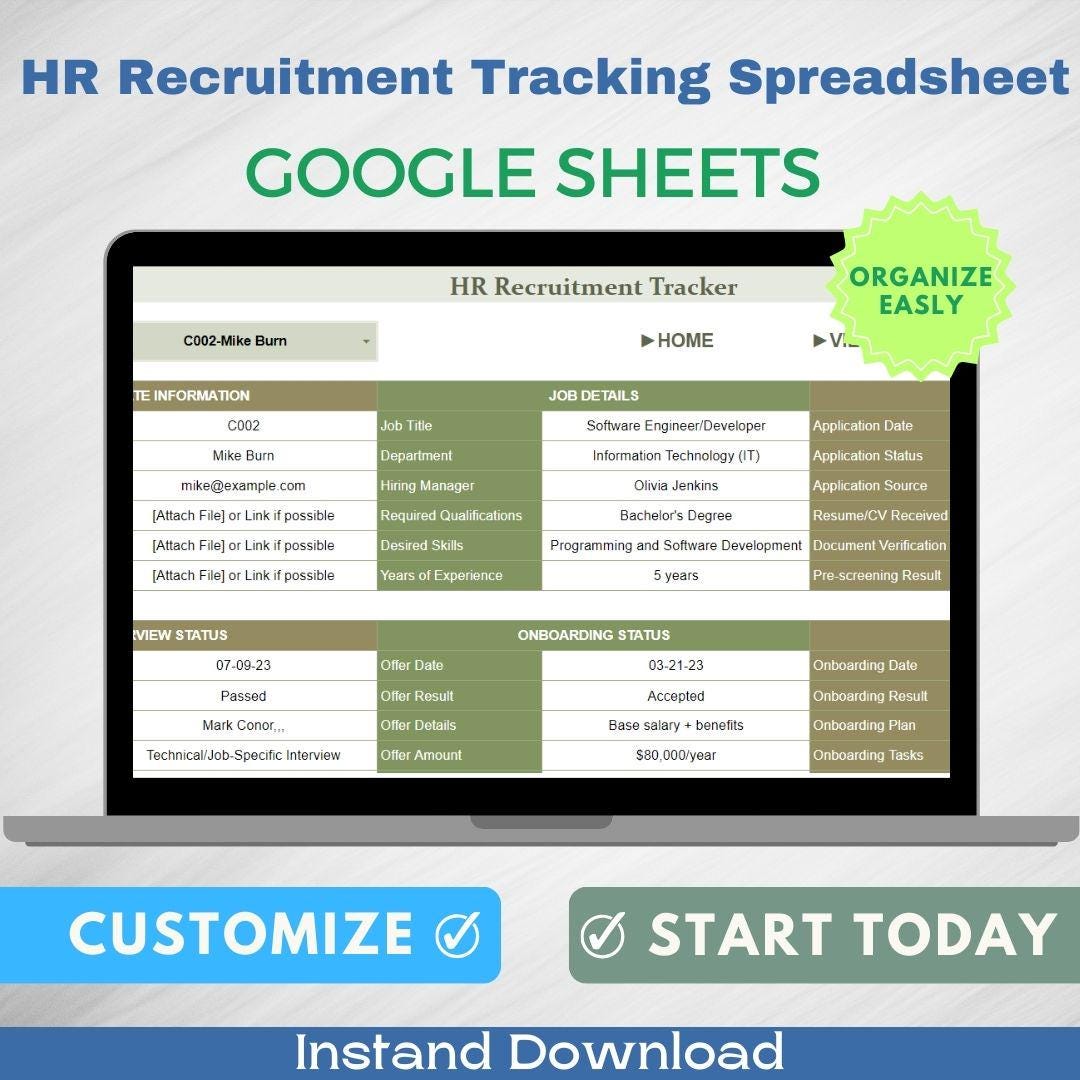 HR Recruitment Tracking Spreadsheet Template - Editable Hiring Process ...