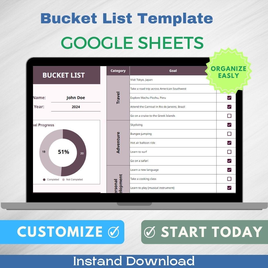 Bucket List Template, Google Sheets Planner,life Goals Tracker, Dream ...