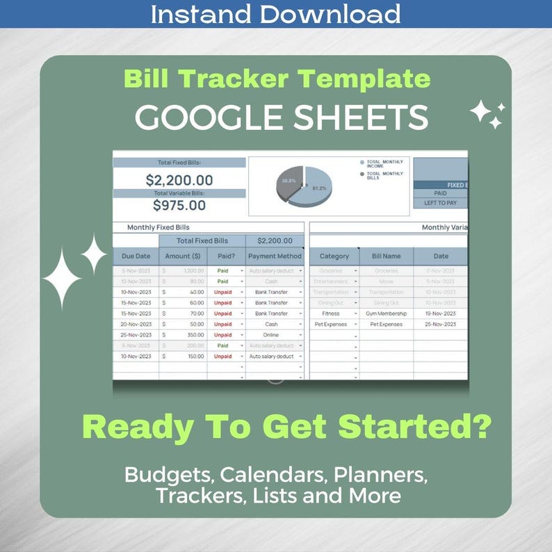 Bill Tracker Template, Google Sheets Expense Tracker,monthly Budget Sheet,bill Payment Organizer ...