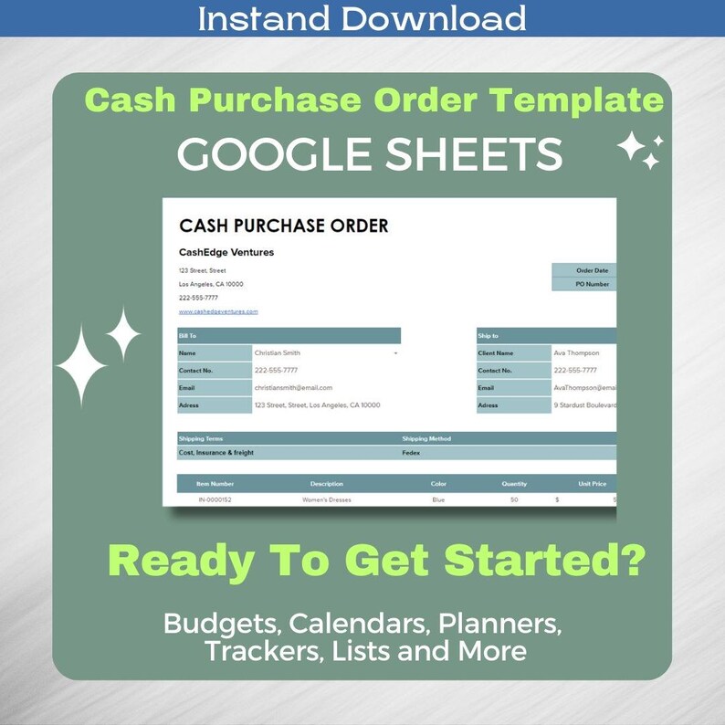 Cash Purchase Order Template,google Sheets for Small Business Owners ...