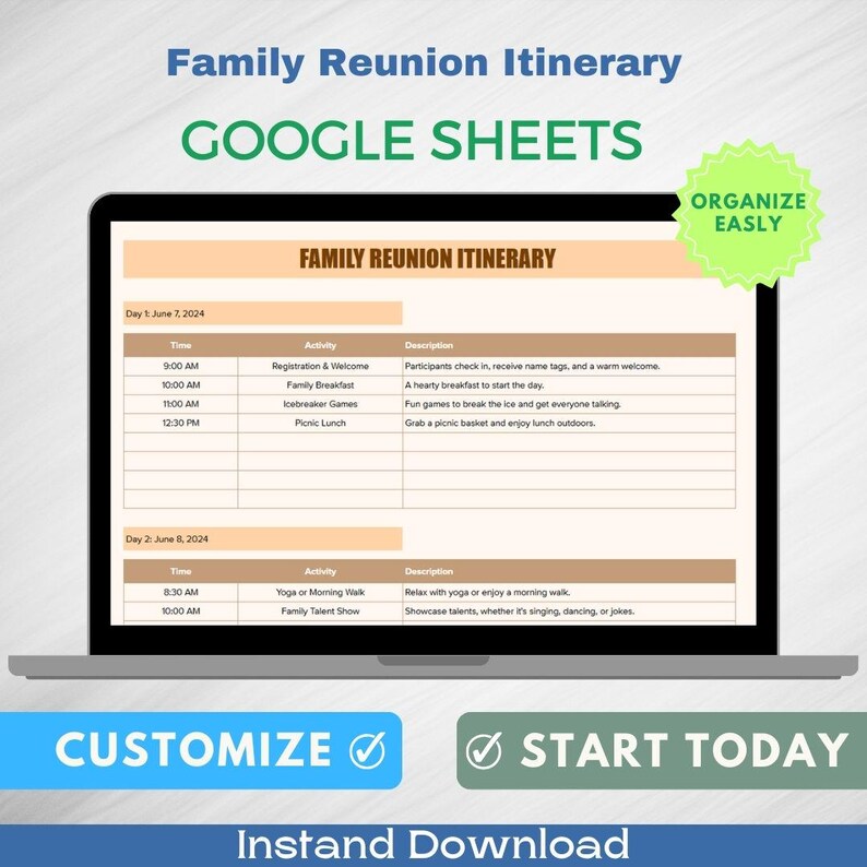 Family Reunion Itinerary Template, Editable Google Sheets, Easy to Use ...