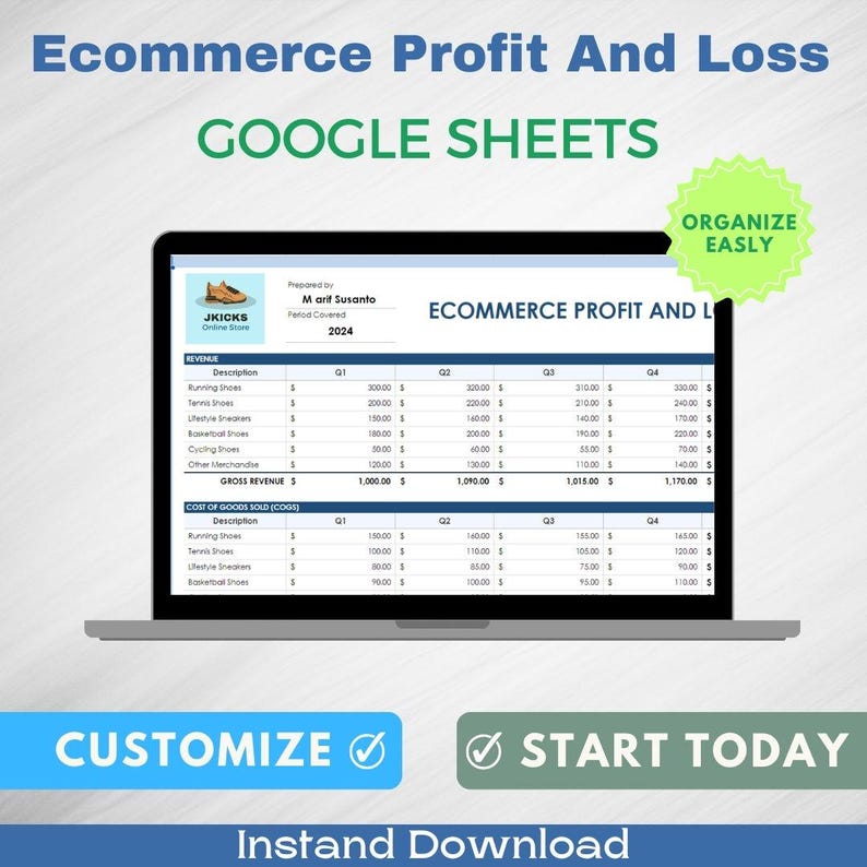 Ecommerce Profit and Loss Template, Google Business Financial Tracker ...
