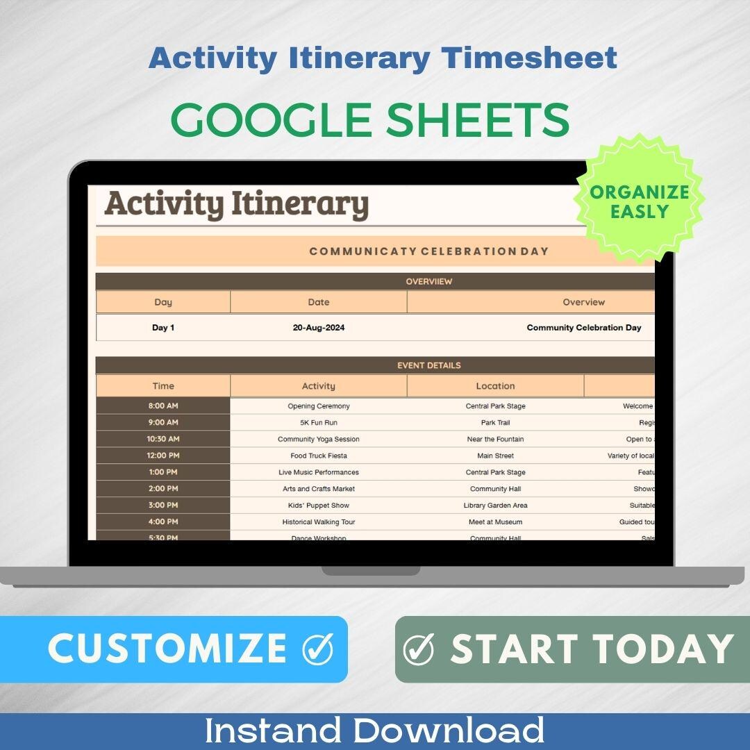 Activity Itinerary Timesheet, Editable Google Sheets, Easy to Use ...