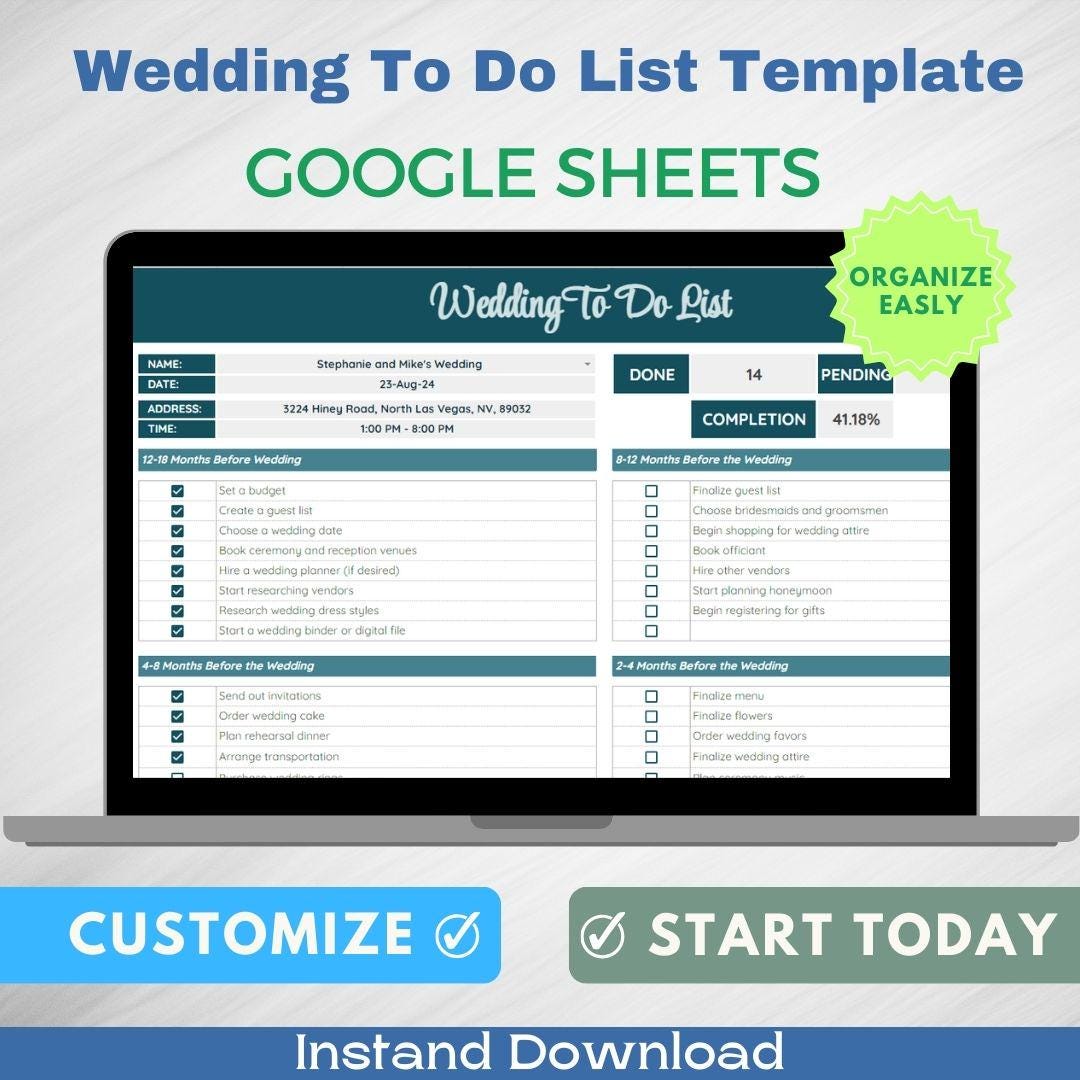 Wedding to Do List Template, Google Sheets Wedding Planner, Editable ...