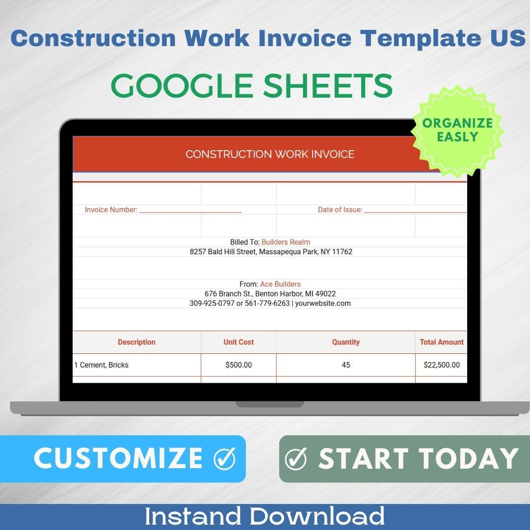 Construction Work Invoice Template US, Editable and Easy to Use ...