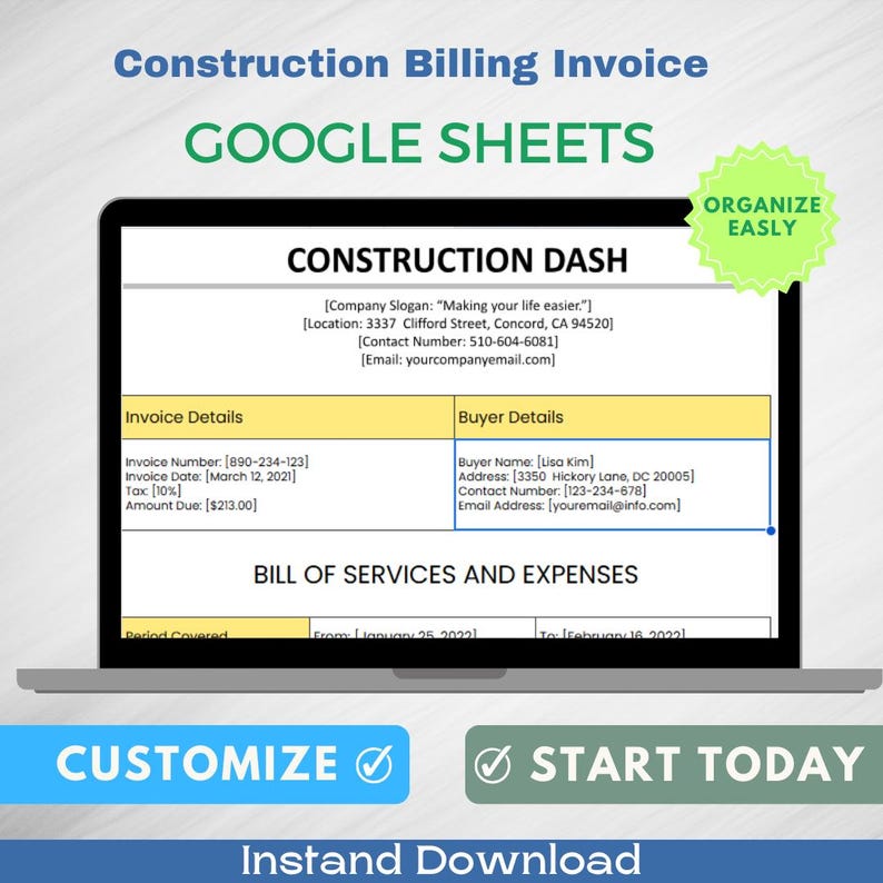 Construction Billing Invoice Template, Editable and Easy to Use ...