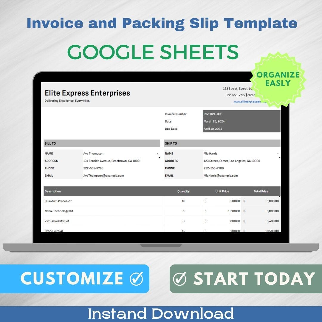 Invoice and Packing Slip Template, Editable Google Sheets, Easy to Use ...