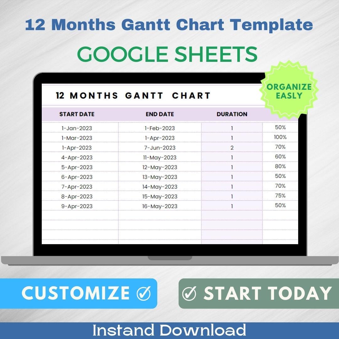 12 Months Gantt Chart Template - Editable Google Sheets for Yearly ...