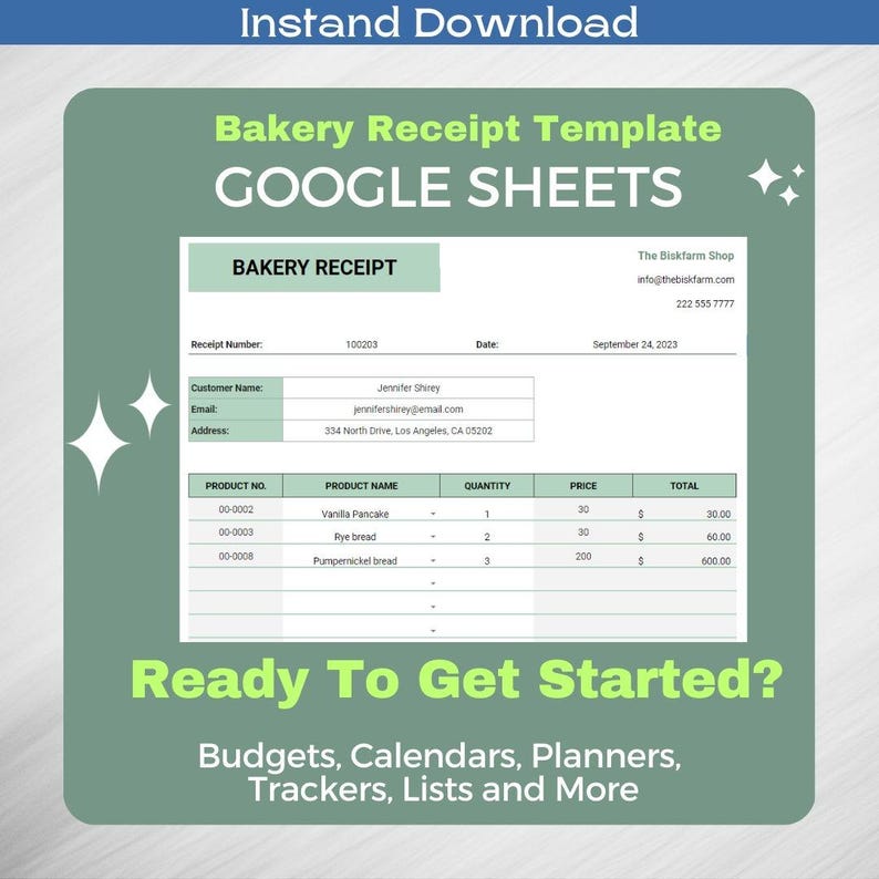 Bakery Receipt Template, Editable Google Sheets, Digital Download, Easy ...