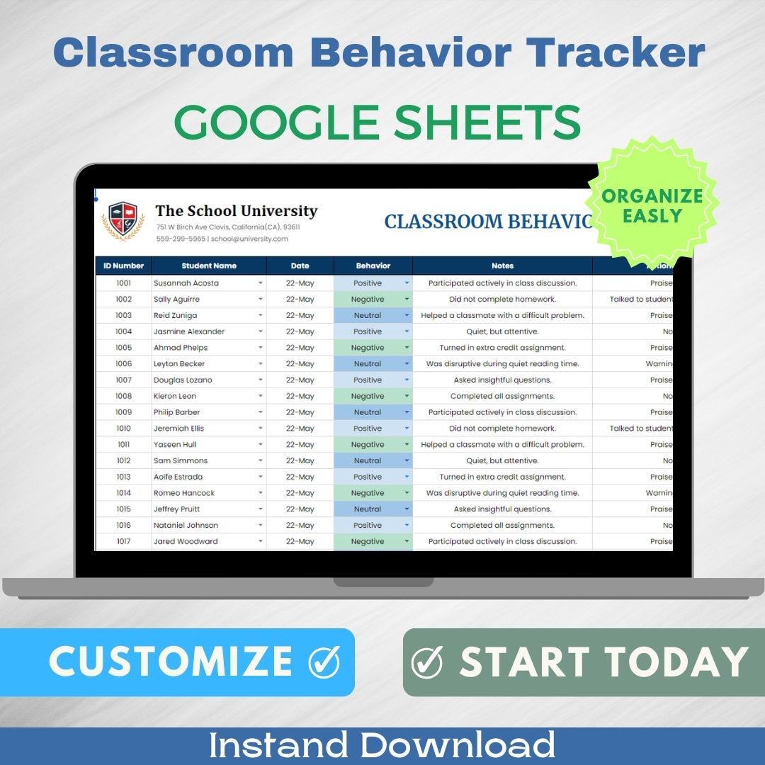 Classroom Behavior Tracker Template, Editable Google Sheets, Digital ...