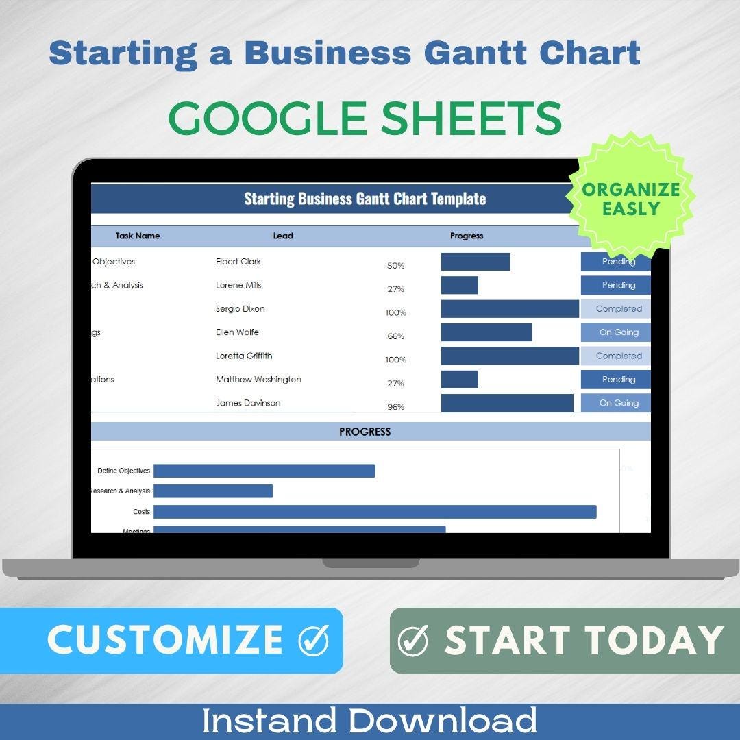 Starting a Business Gantt Chart Template, Editable Google Sheets ...