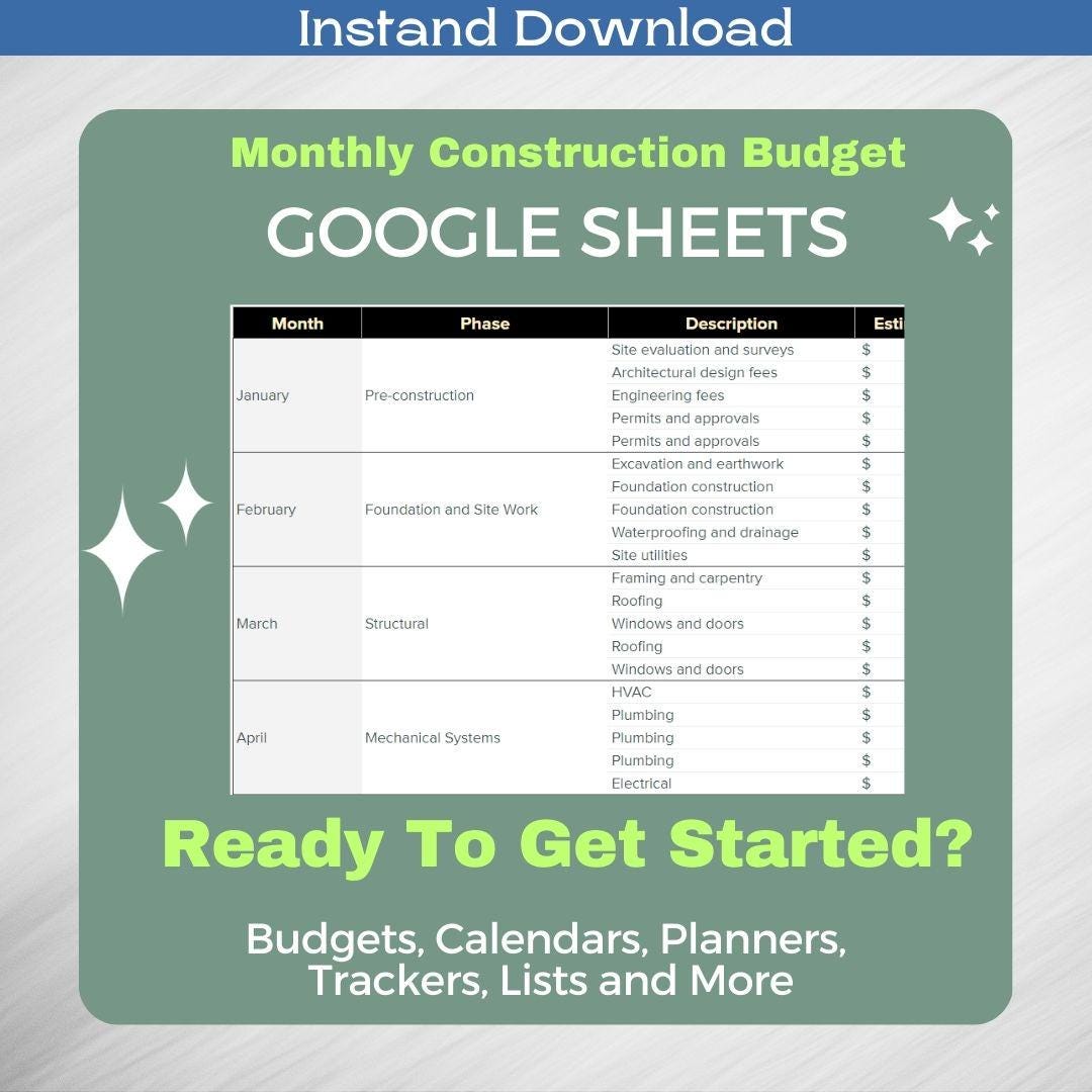 Monthly Construction Budget Template - Editable Excel Spreadsheet for ...