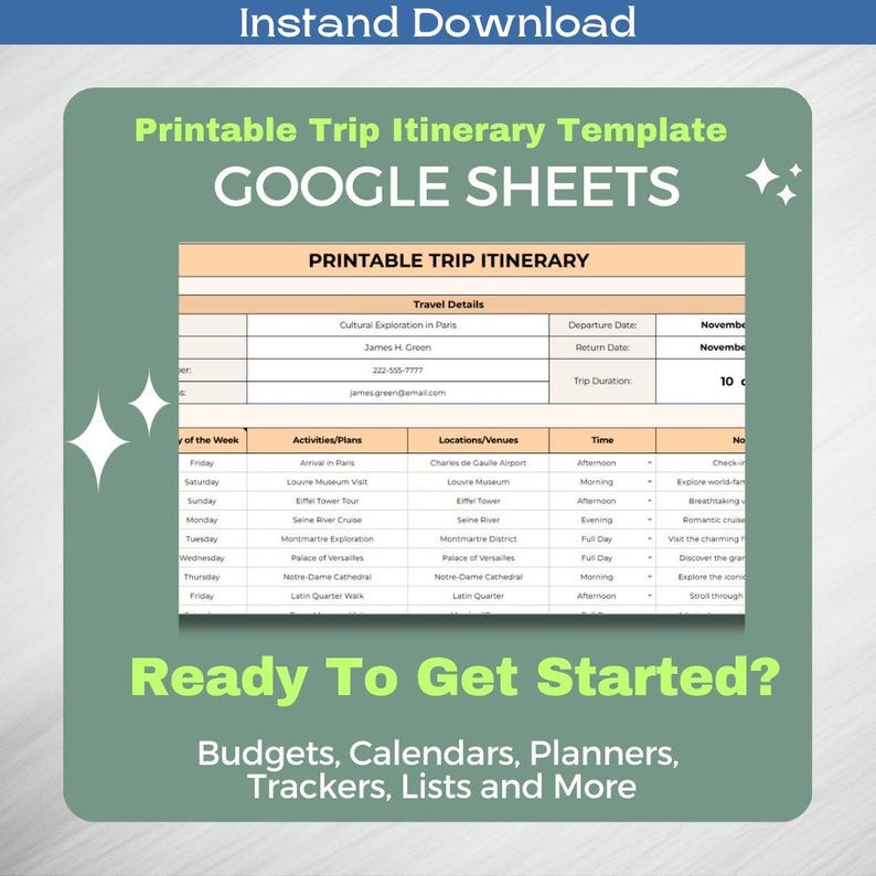 Printable Trip Itinerary Template, Editable Google Sheets, Easy to Use ...