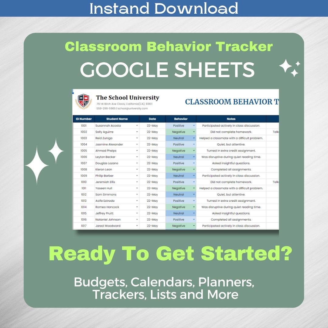 Classroom Behavior Tracker Template, Editable Google Sheets, Digital ...