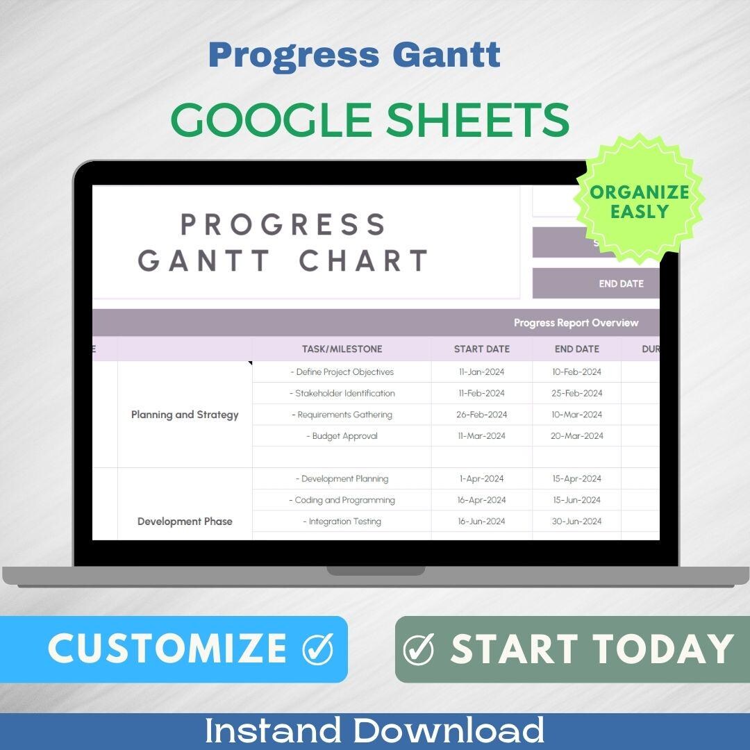 Progress Gantt Chart Template - Editable Google Sheets for Task ...