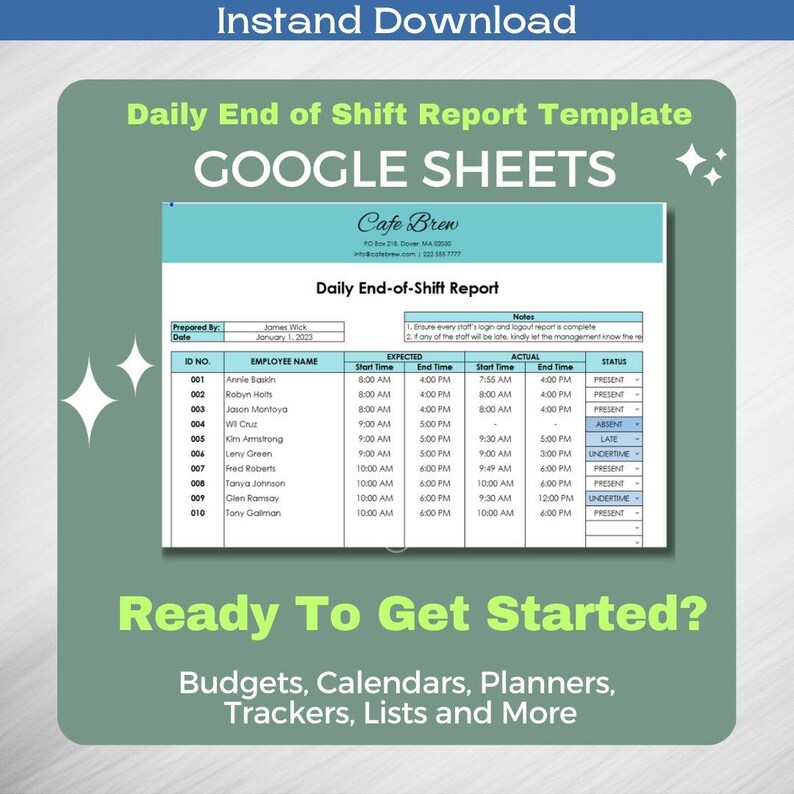 Daily End of Shift Report Template, Editable Google Sheets, Digital ...