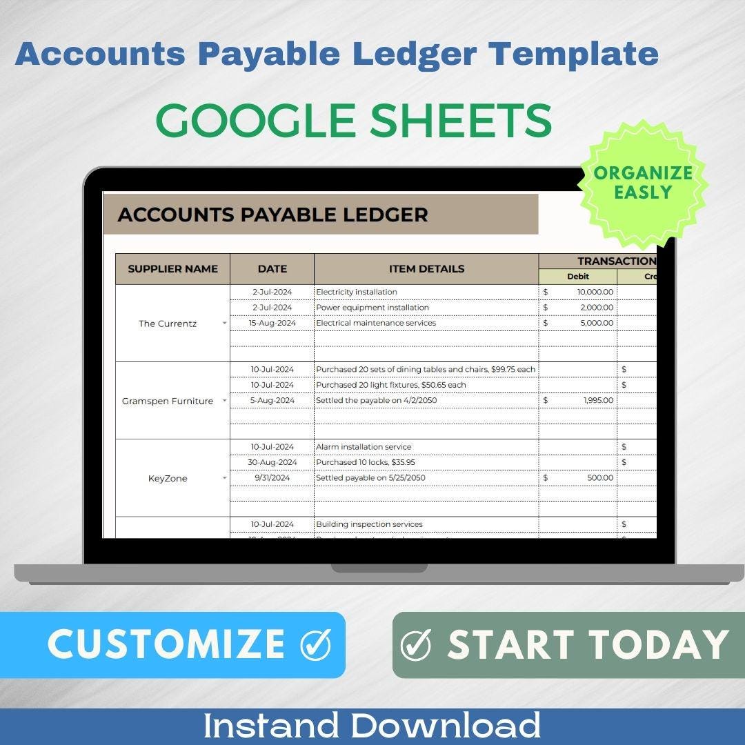 Accounts Payable Ledger Template, Editable Google Sheets, Digital ...