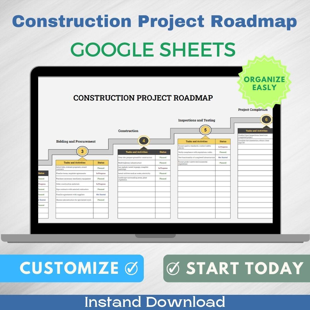 Construction Project Roadmap Template, Editable Google Sheets, Digital ...