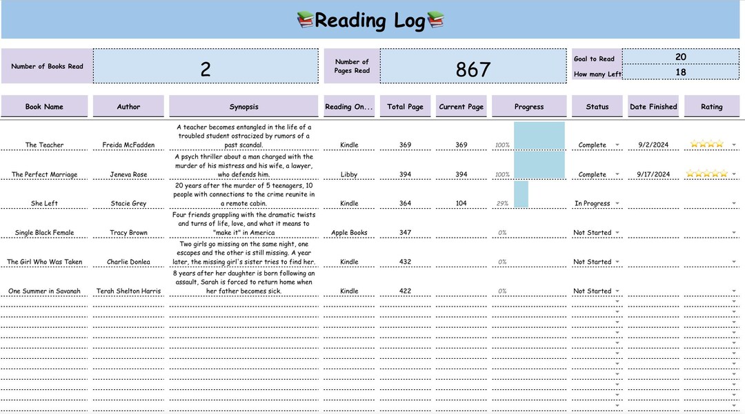 Interactive Reading Log Google Spreadsheet | Track Books, Pages and ...