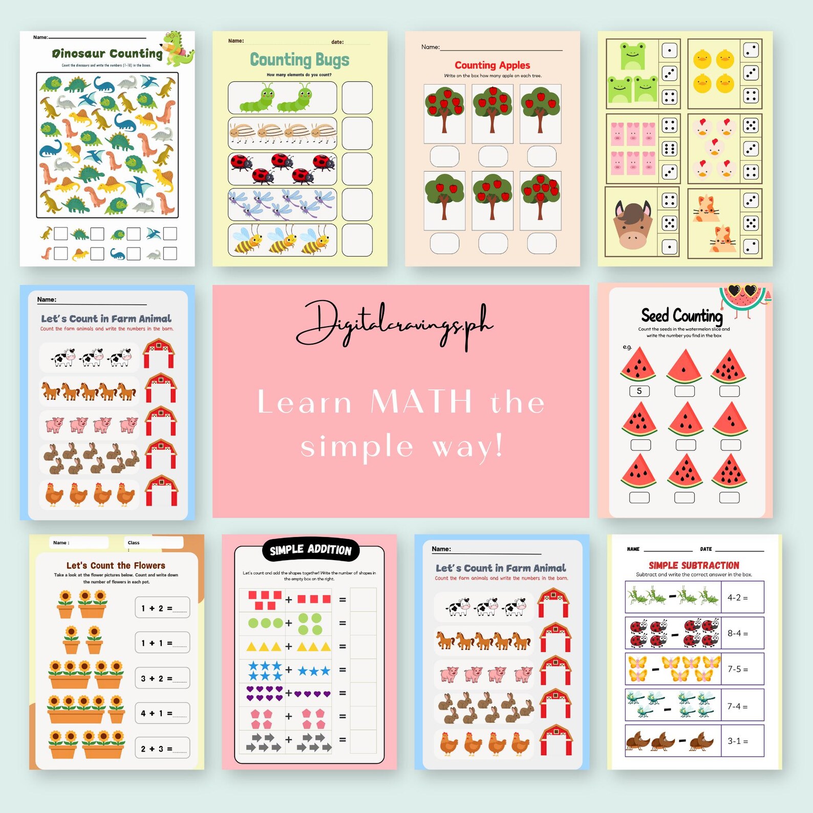 SIMPLE ADDITION WORKBOOK Printable for Kids Age 3-5 Years Old Good for ...