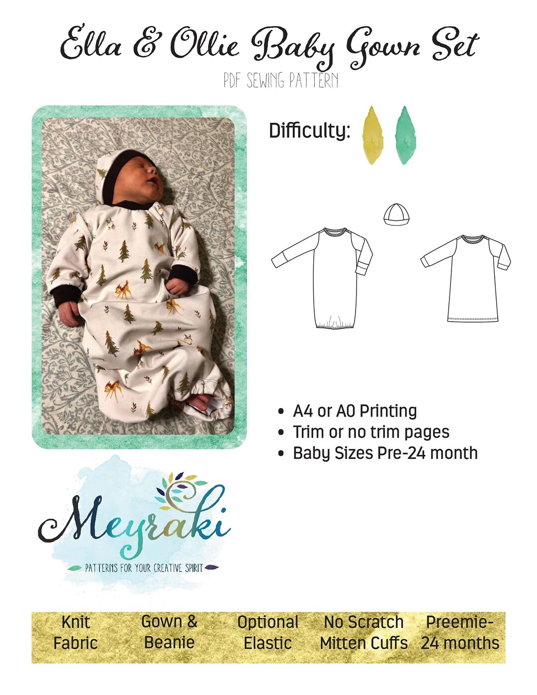 Meyraki Patterns Ella and Ollie Baby Gown and Beanie PDF Sewing Pattern ...