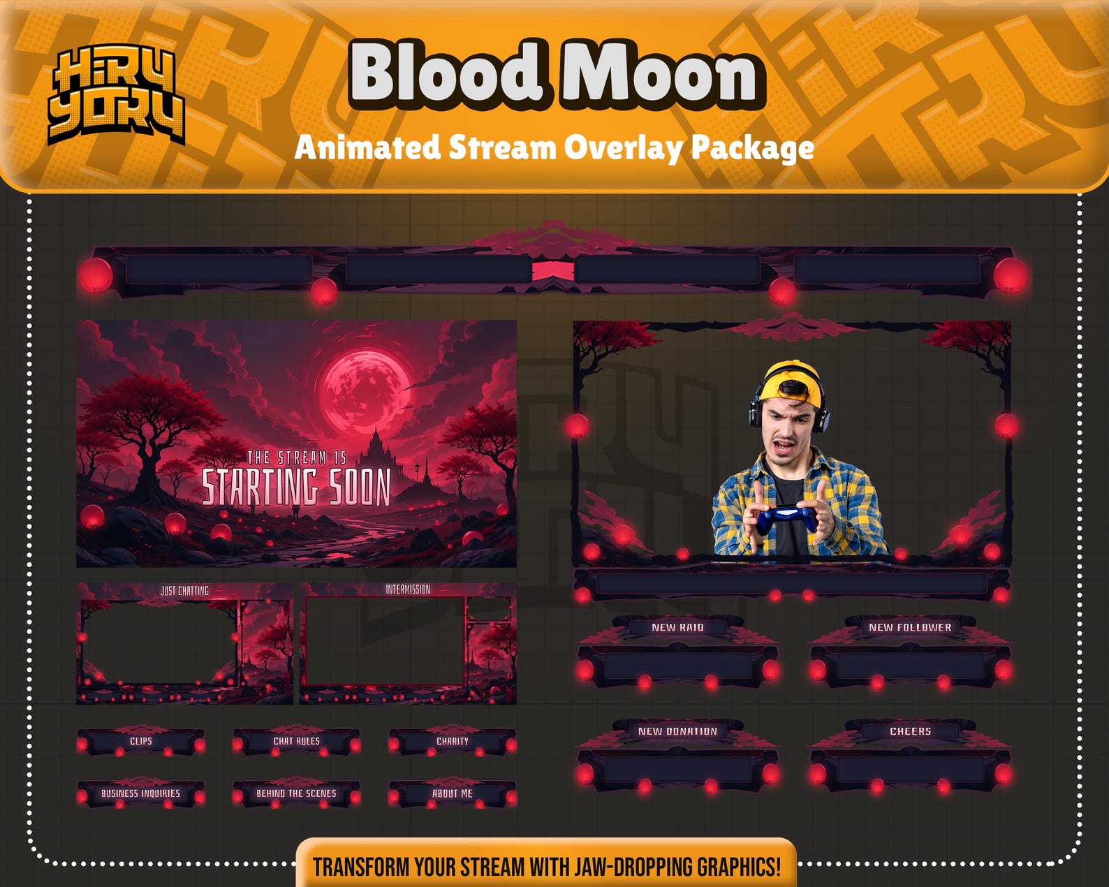 Blood Moon Animated Stream Overlay Package, Dark Fantasy Gothic Design ...