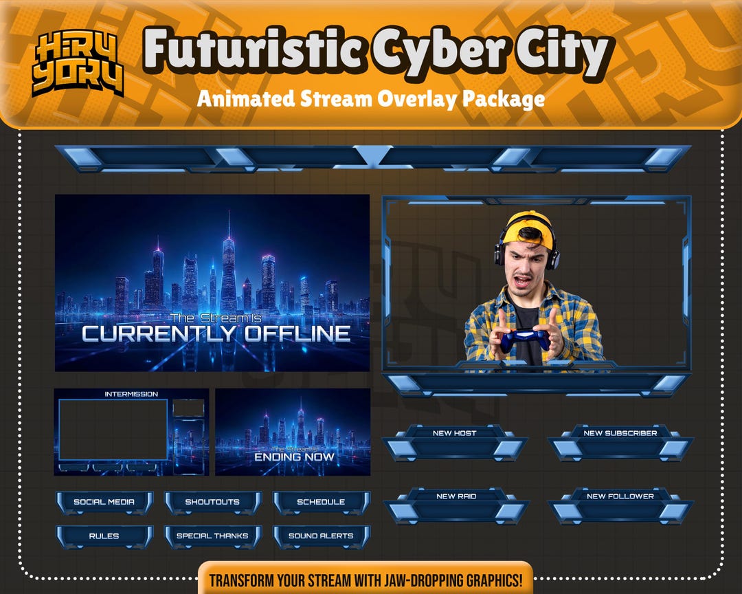 Futuristic Cyber City Animated Stream Overlay Pack for Twitch, Youtube ...