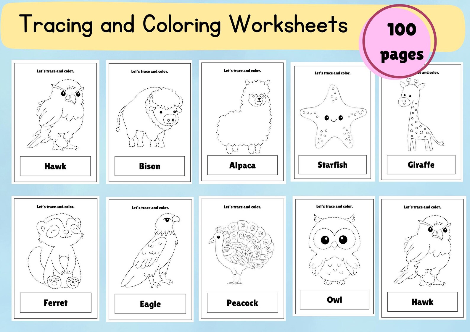 100 Pages Printable Tracing and Coloring Activity Worksheets for Kids ...
