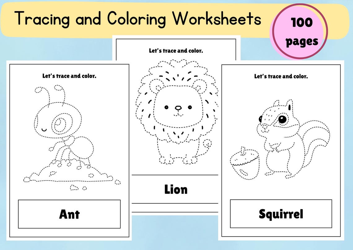 100 Pages Printable Tracing and Coloring Activity Worksheets for Kids ...