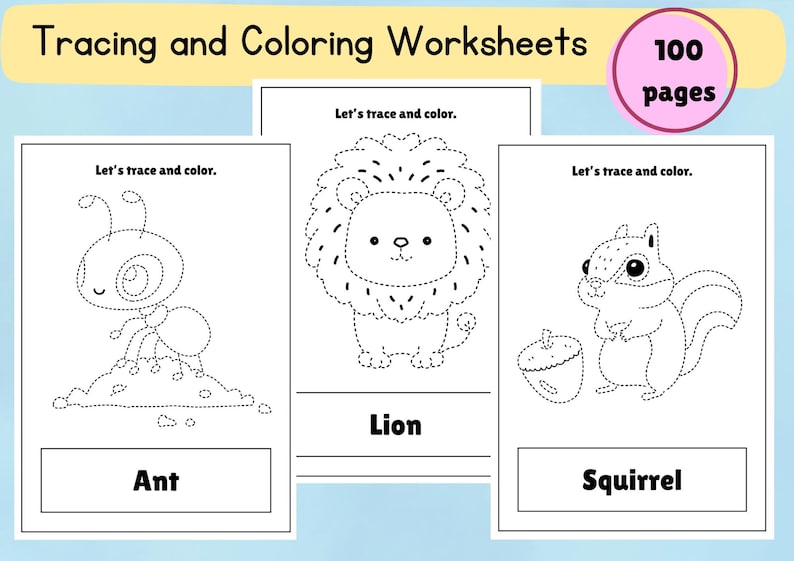 100 Pages Printable Tracing and Coloring Activity Worksheets for Kids ...