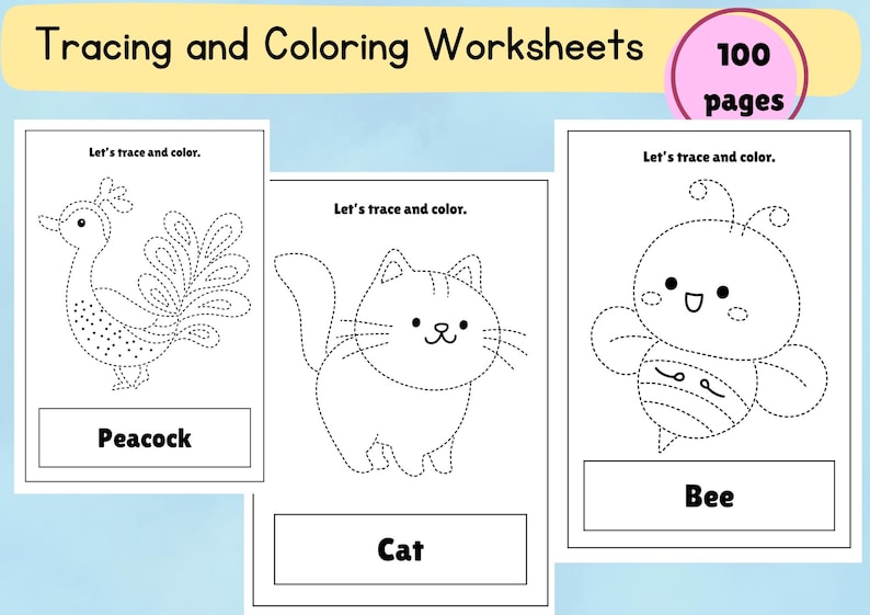 100 Pages Printable Tracing and Coloring Activity Worksheets for Kids ...