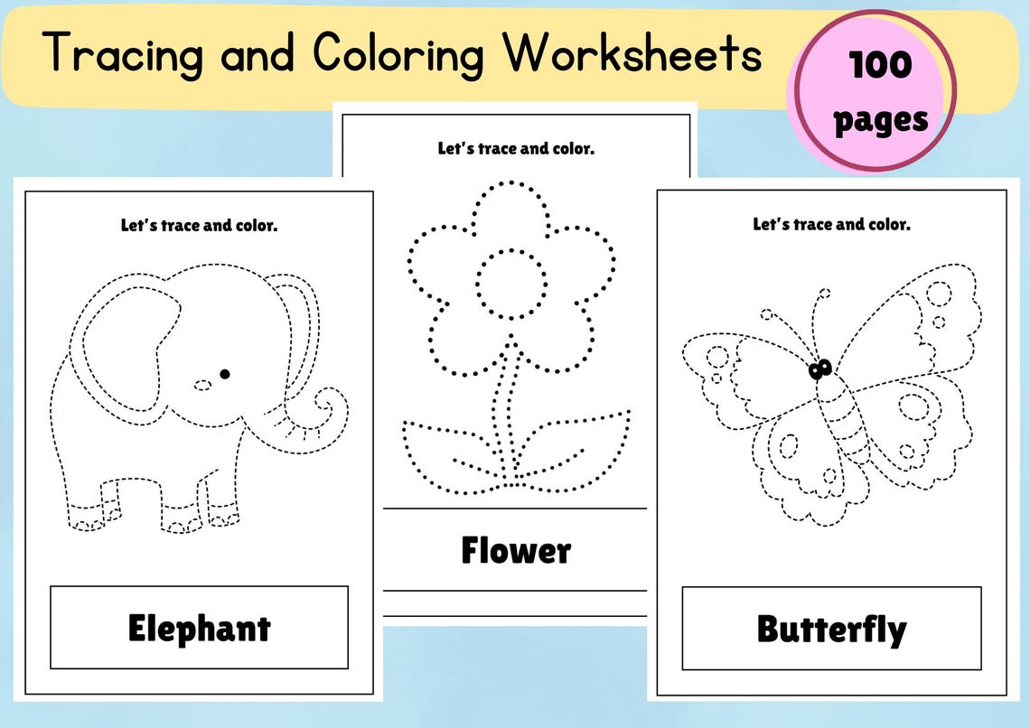 100 Pages Printable Tracing and Coloring Activity Worksheets for Kids ...
