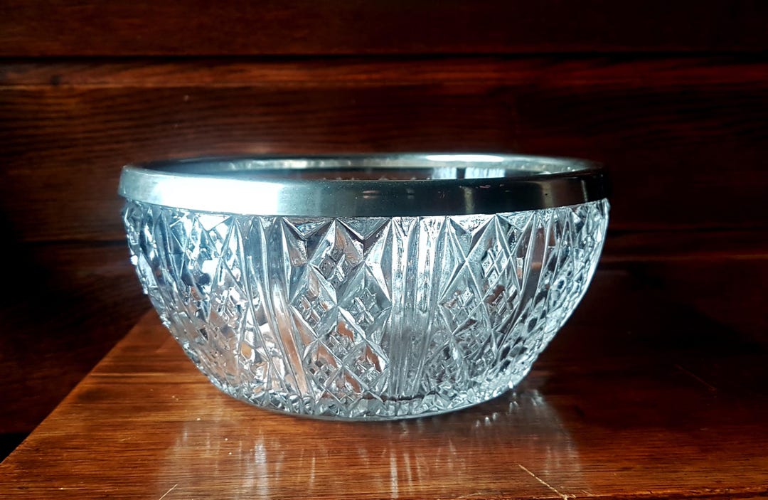 Vintage 1960s Pressed Diamond Pattern Glass Bowl With Silver Rim - Etsy