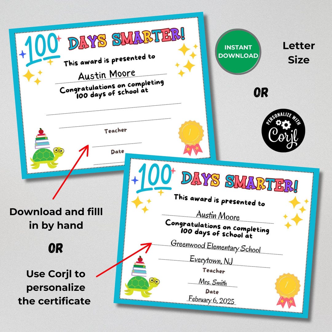 Editable 100 Days of School Certificate, 100 Days Brighter, Kids ...