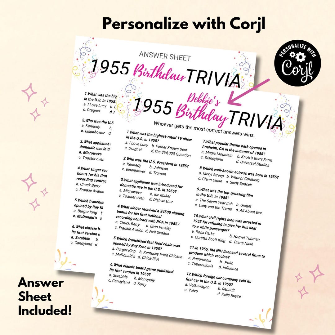 Editable 1955 Trivia Game, Adult Games, Year You Were Born, Birthday ...