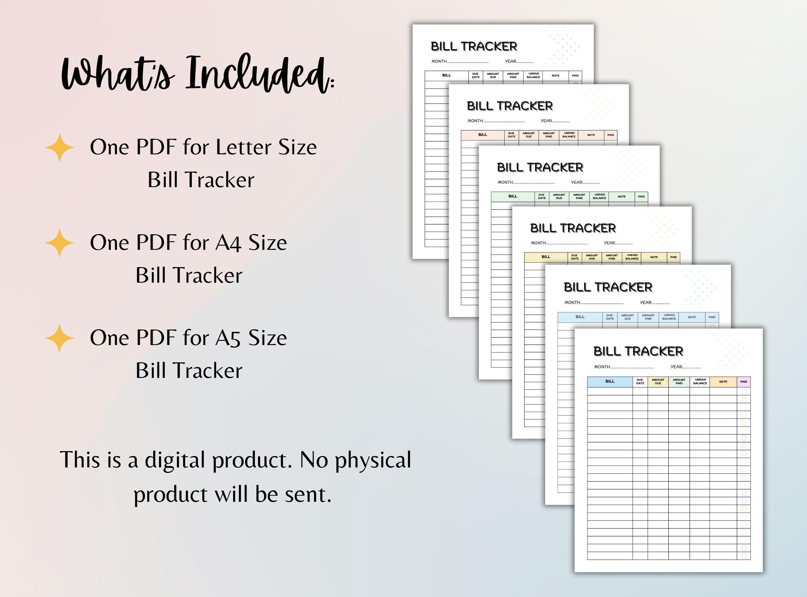 Monthly Bill Tracker, Expense Tracker, Bill Payment Tracker, Bill ...
