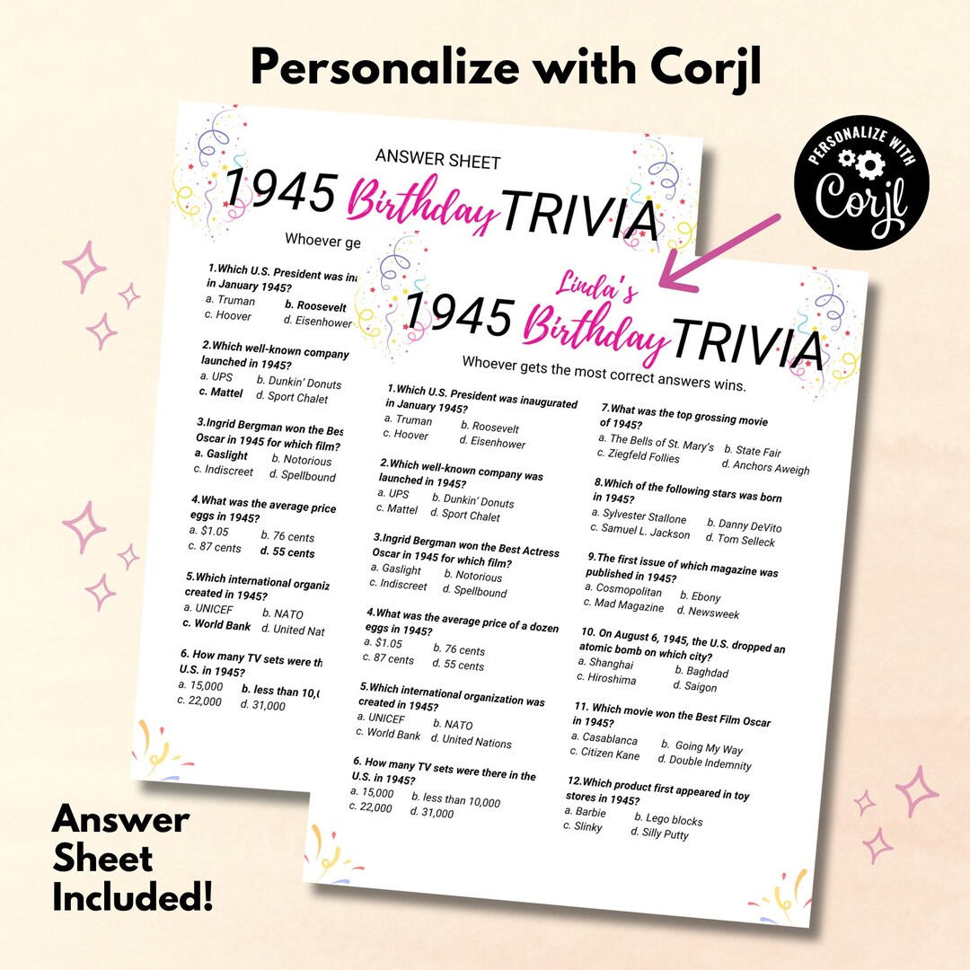 Editable 1945 Birthday Trivia, Year You Were Born, Adult Games, 80th ...