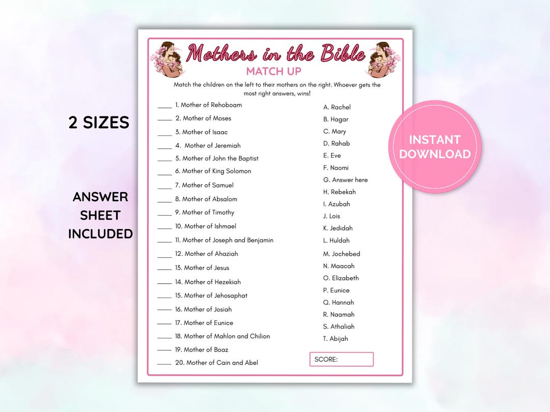 Mothers in the Bible Match up Game, Mother's Day Games, Bible Mother's ...