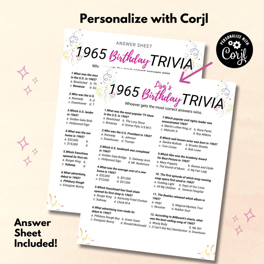 Editable 1965 Trivia Game, Adult Games, Year You Were Born, Birthday ...