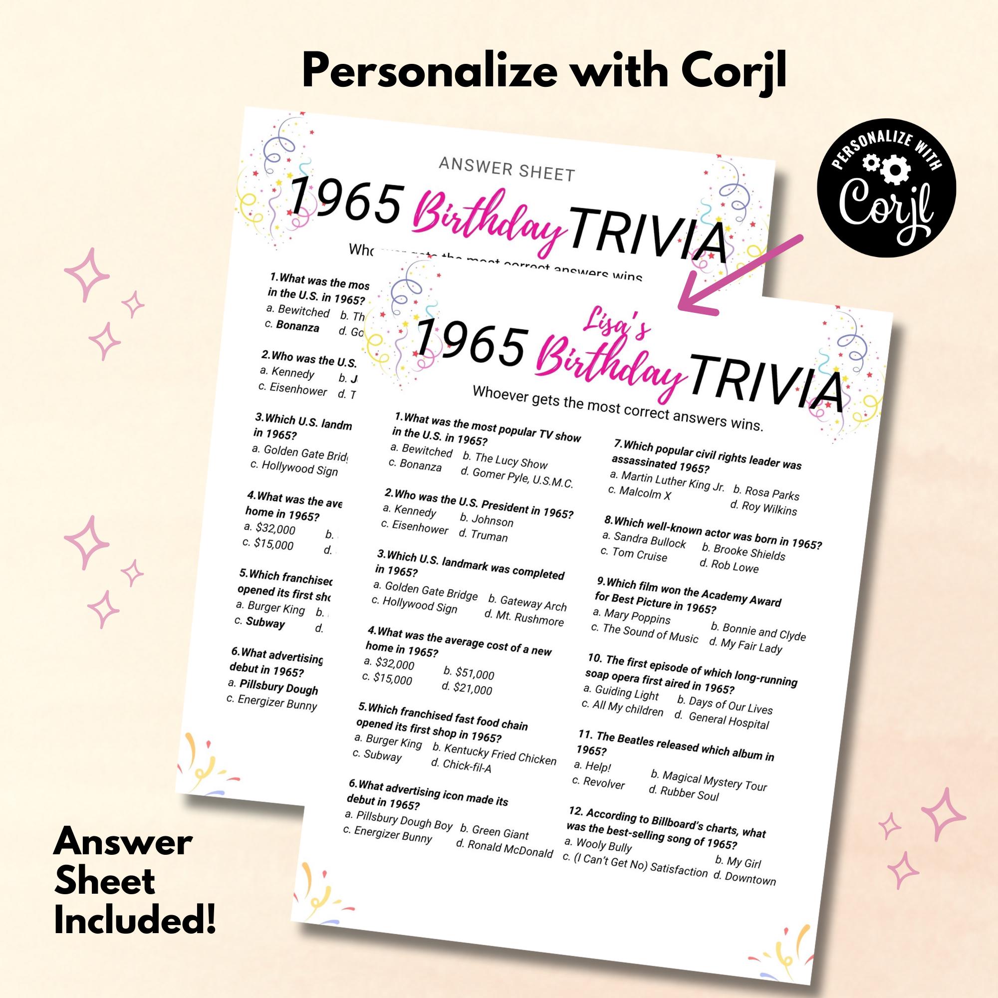 Editable 1965 Trivia Game, Adult Games, Year You Were Born, Birthday ...