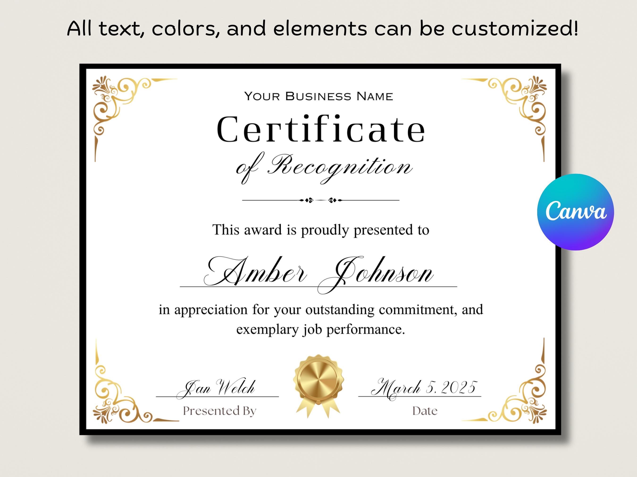 Editable Certificate of Recognition, Printable Awards, Certificate ...