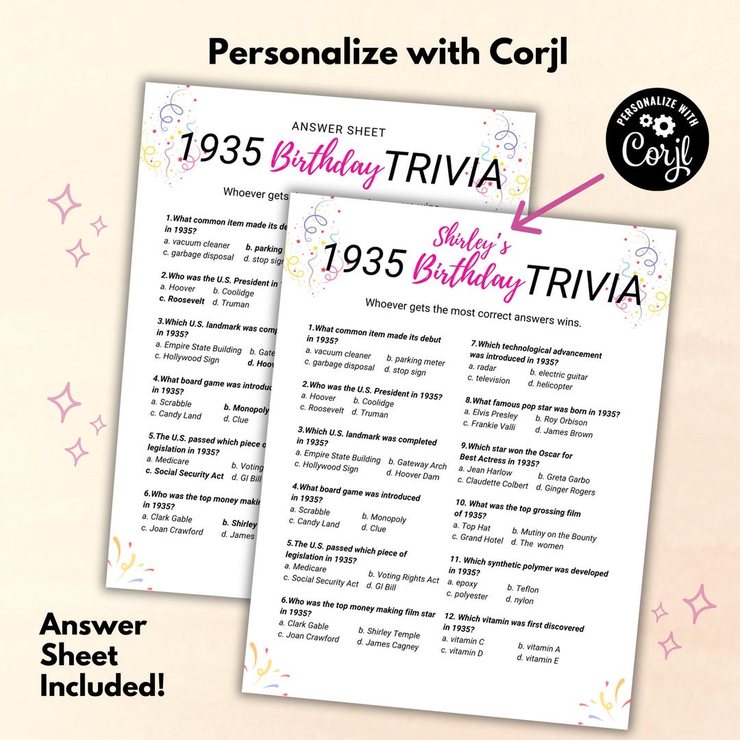 Editable 1935 Birthday Trivia, 90th Birthday Party, Games for Seniors ...